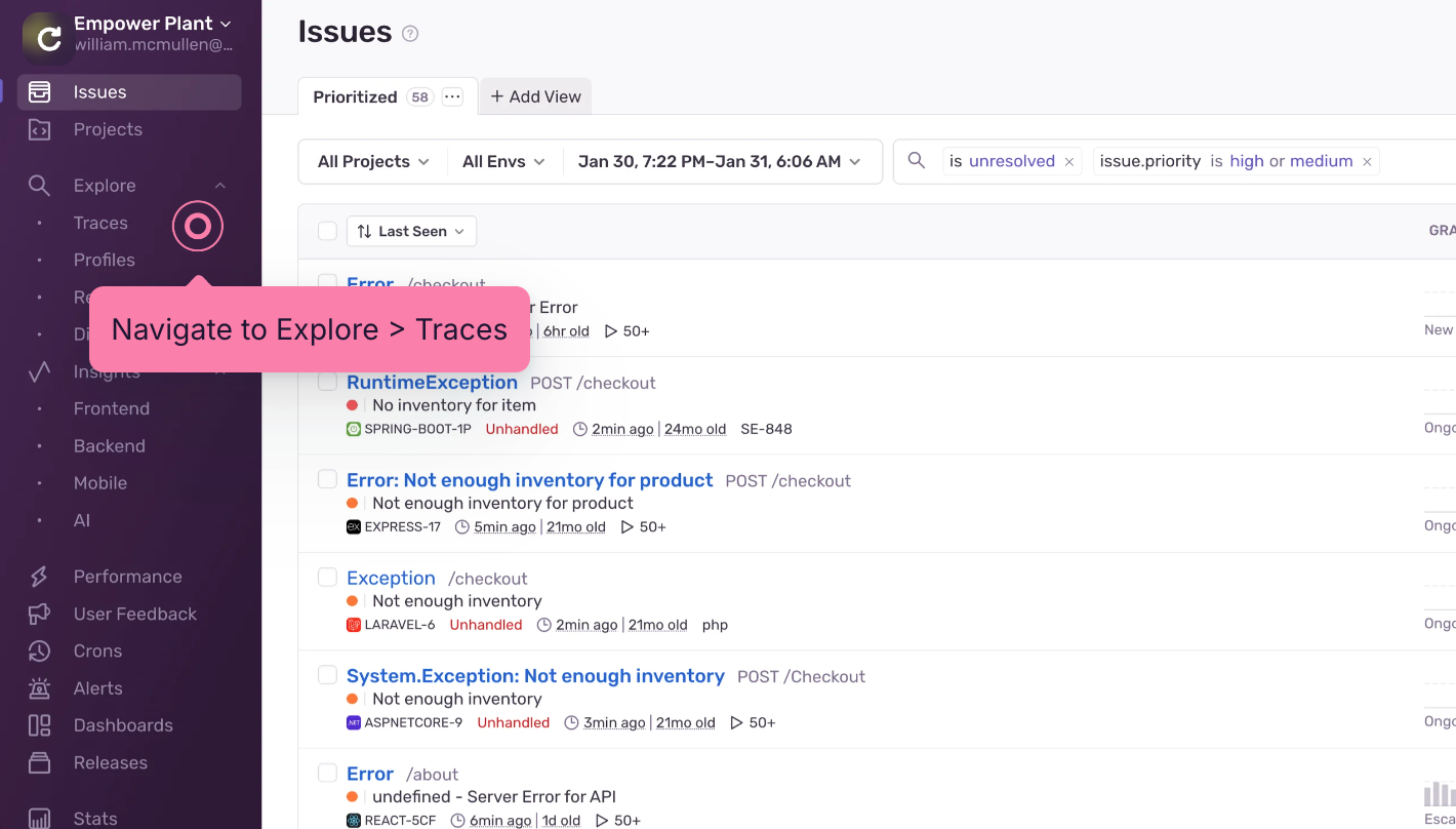 Trace Explorer でスパンからメトリクス、グループ、アラートを取得する方法 - Sentry